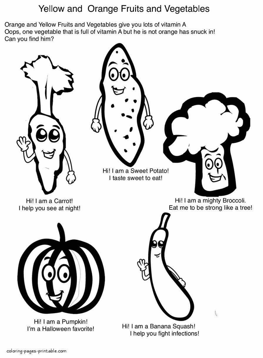 Healthy Food Coloring Pages Yellow And Orange Fruits Vegetables